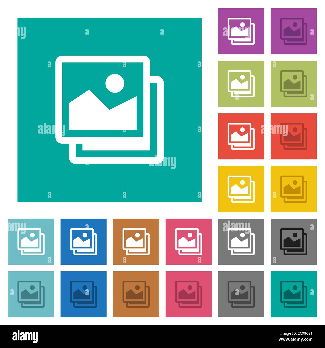 Pictures multi colored flat icons on plain square backgrounds. Included ...