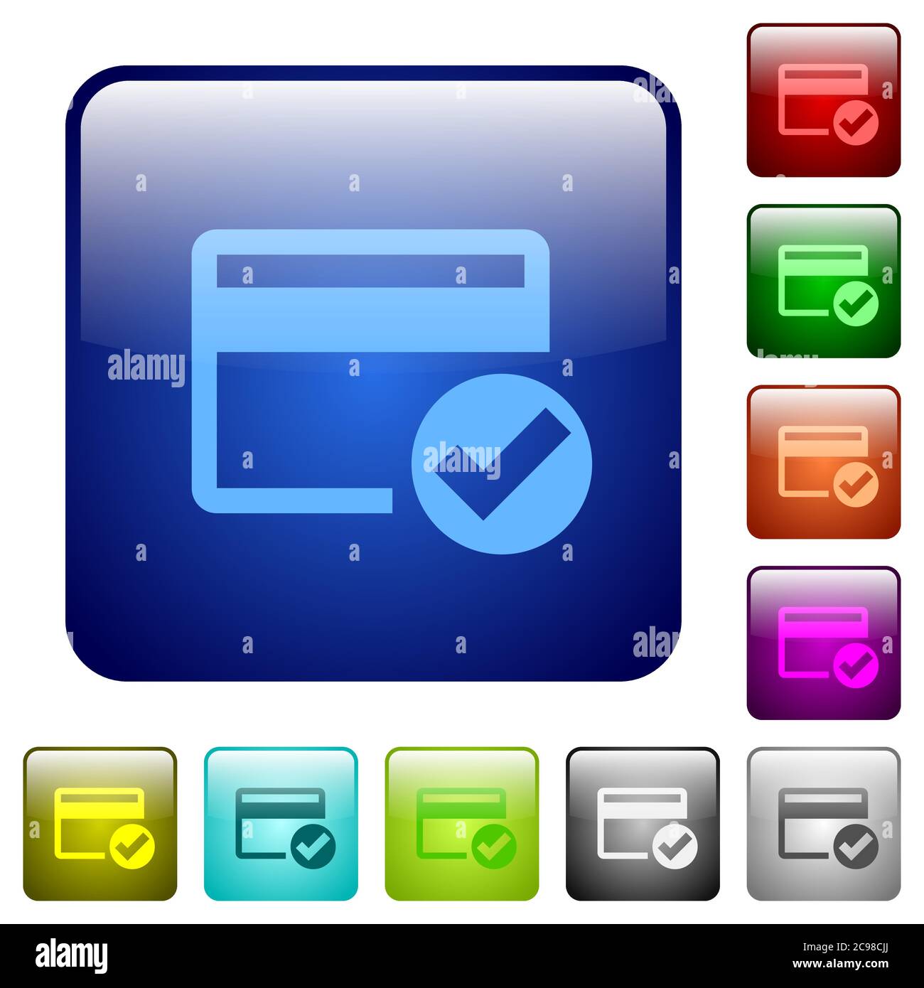 Credit card verified icons in rounded square color glossy button set ...