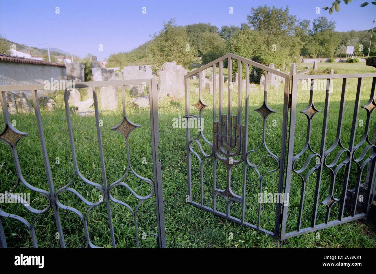 Slovenia, Nova Gorica, Old Jewish Cemetery, Wrought Iron Gate open to ...