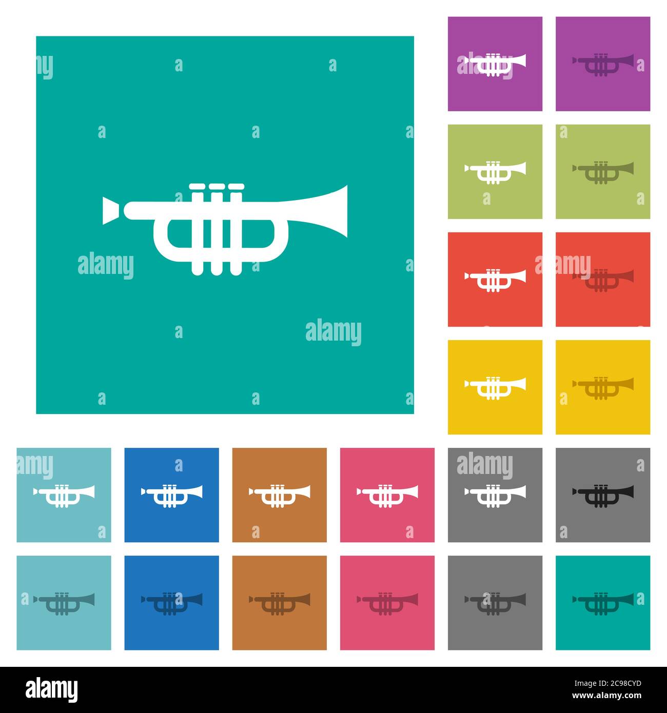 Trumpet multi colored flat icons on plain square backgrounds. Included ...