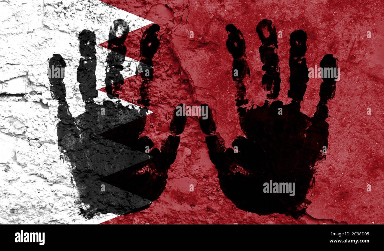 Handprints on the background of the flag of Bahrain. Freedom of choice ...