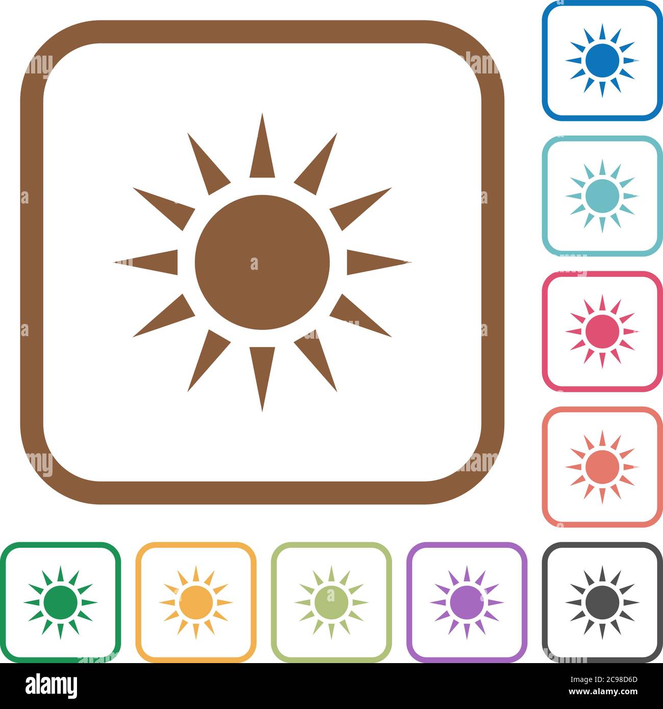 Sun simple icons in color rounded square frames on white background ...