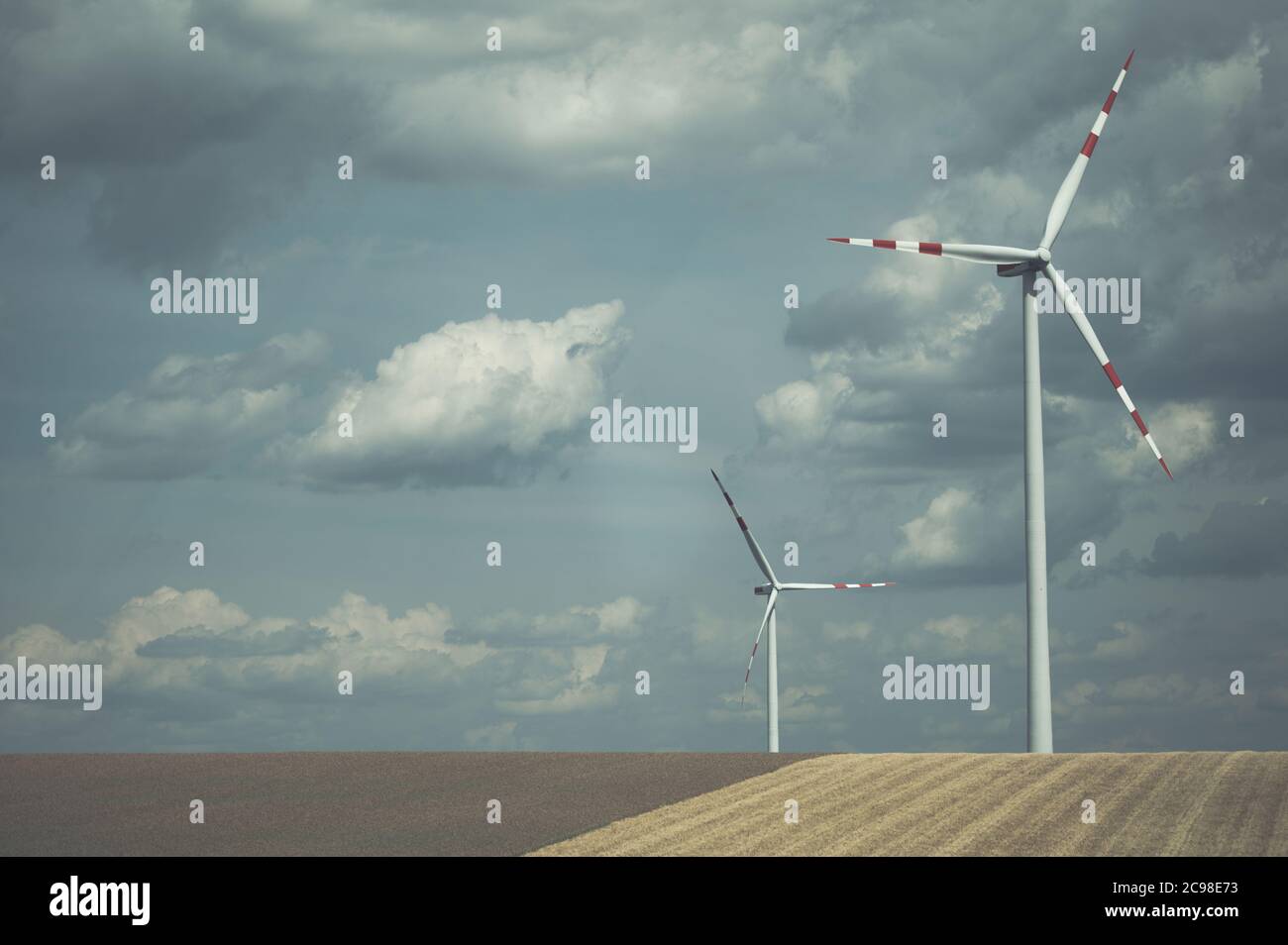 Farmland Hills and Wind Turbines Scenic Landscape. Summer Time Stock ...