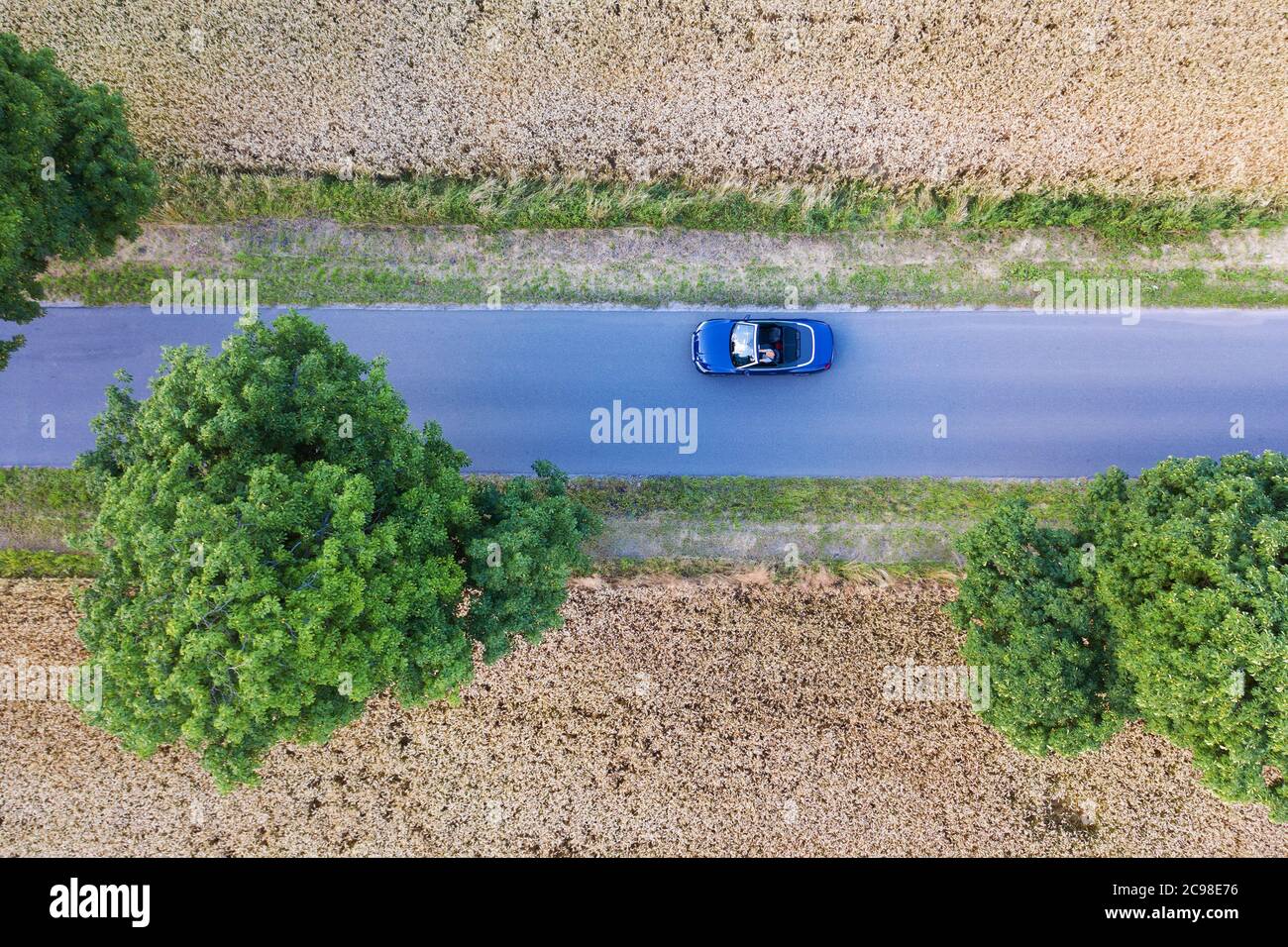Modern Convertible Car Countryside Road Trip Aerial View. Summer ...