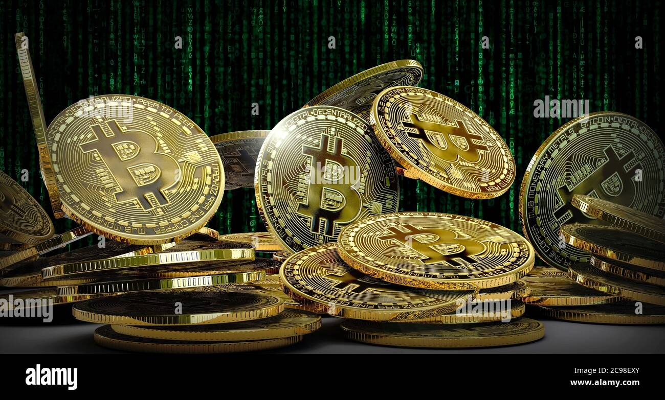 3D render of a pile of Bitcoins with green codes in the background ...
