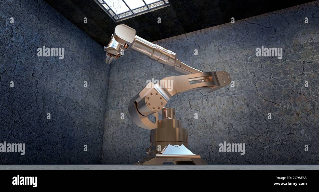 3d render of a silver robotic arm inside a cement room with a skylight ...