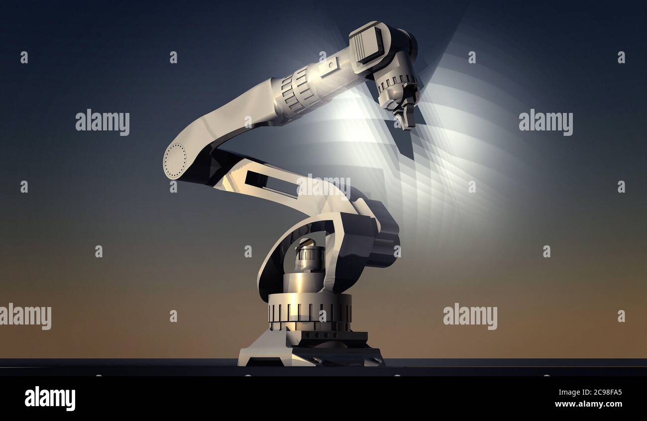 3d render of a silver robotic arm on a bright grey background Stock ...