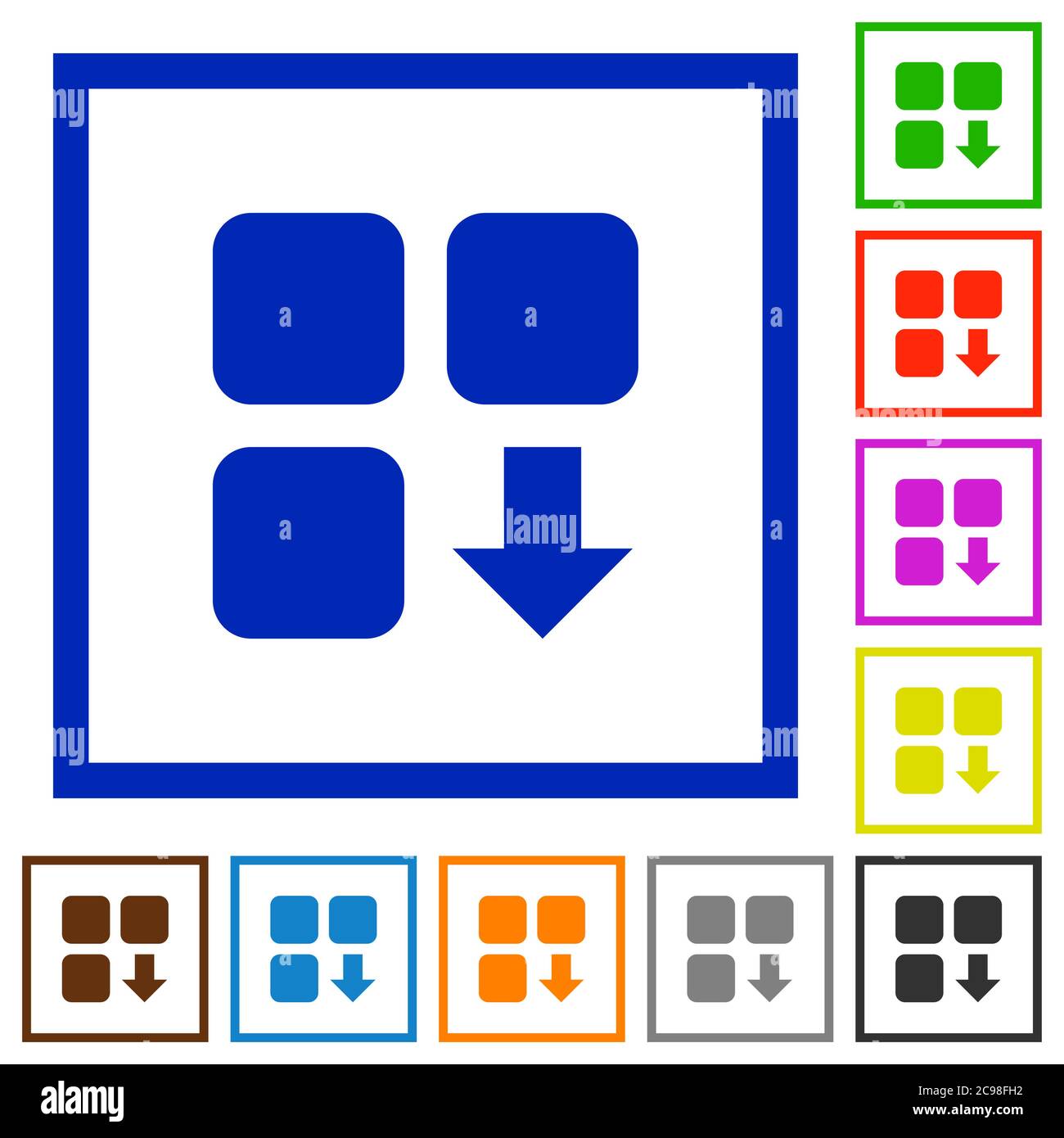 Move down component flat color icons in square frames on white ...