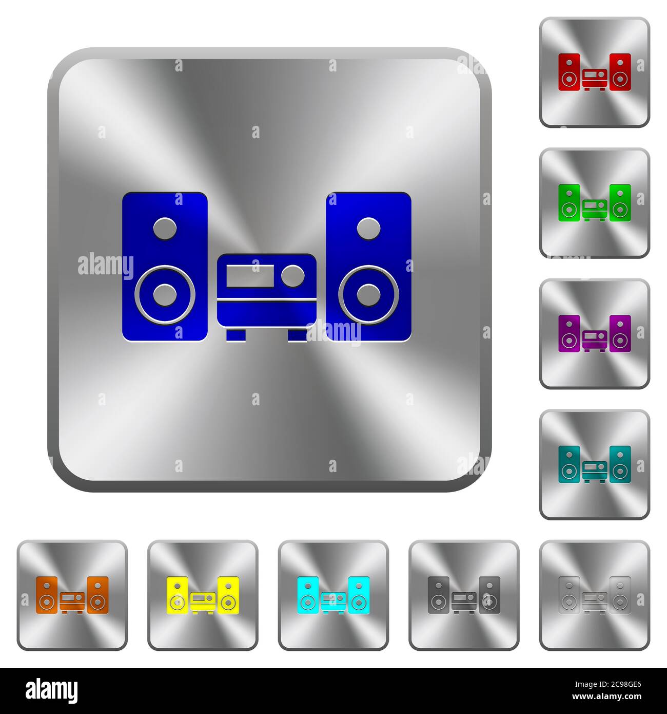 Stereo system engraved icons on rounded square glossy steel buttons ...