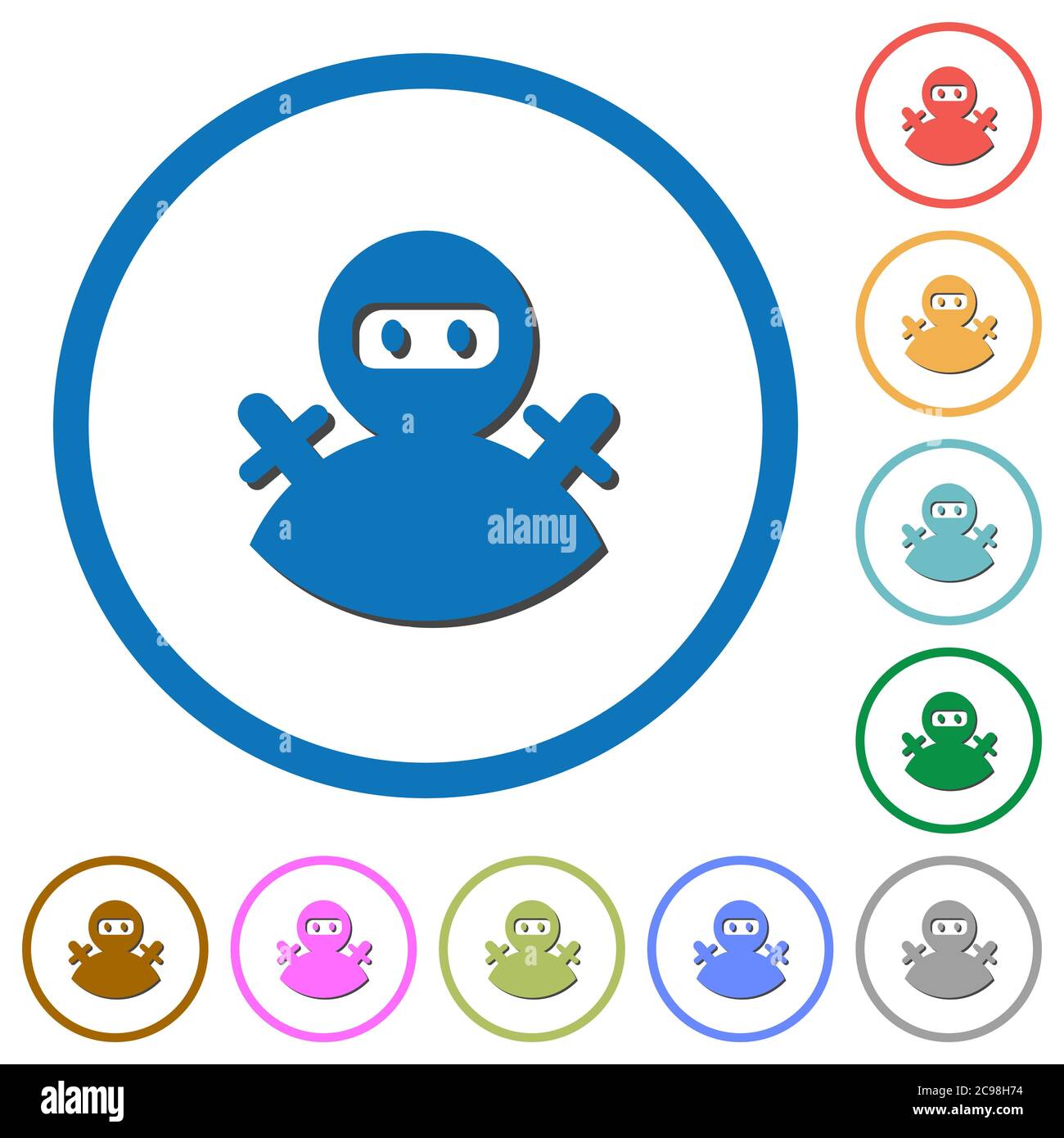 Ninja avatar flat color vector icons with shadows in round outlines on ...