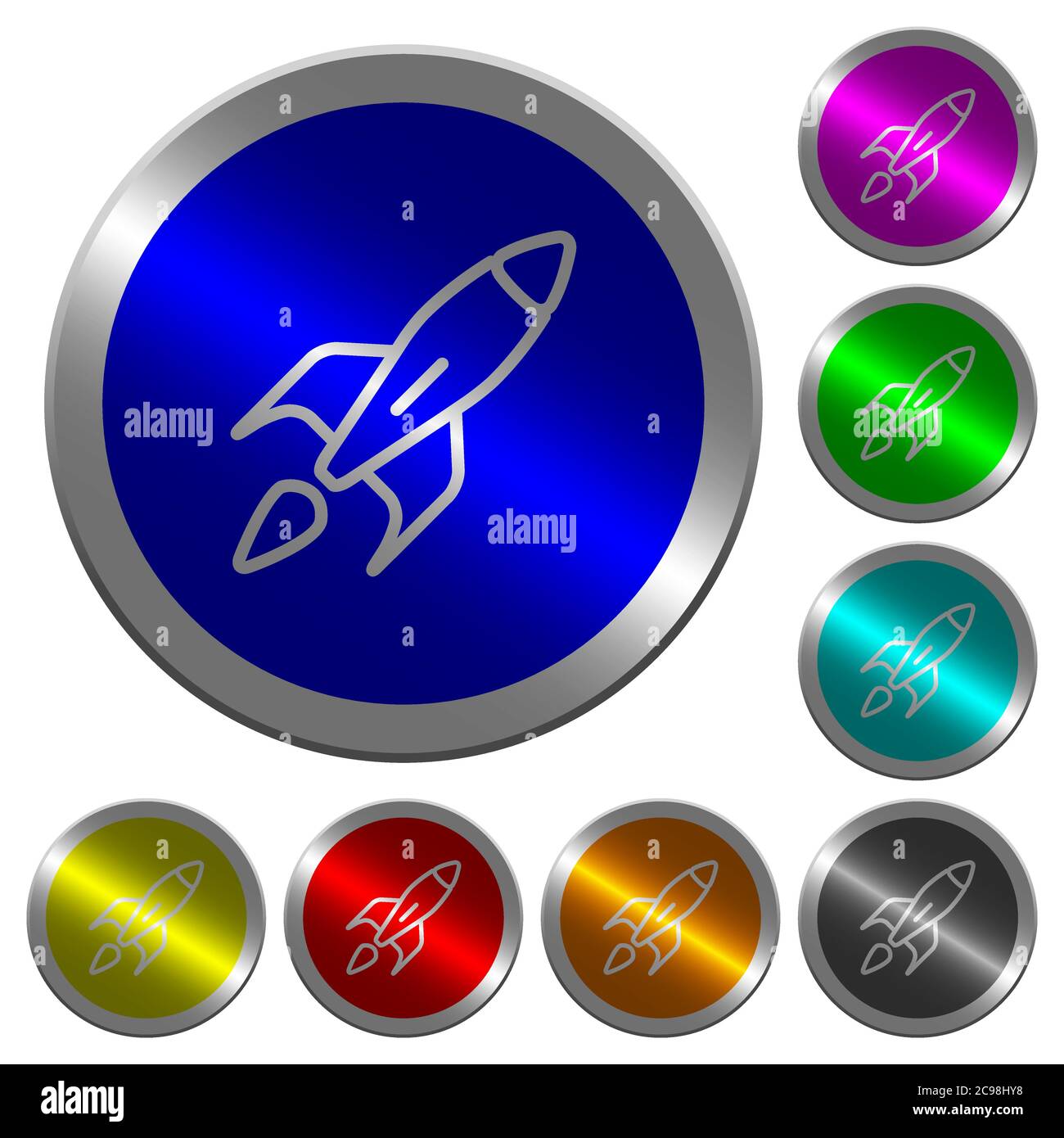 Launched rocket icons on round luminous coin-like color steel buttons ...