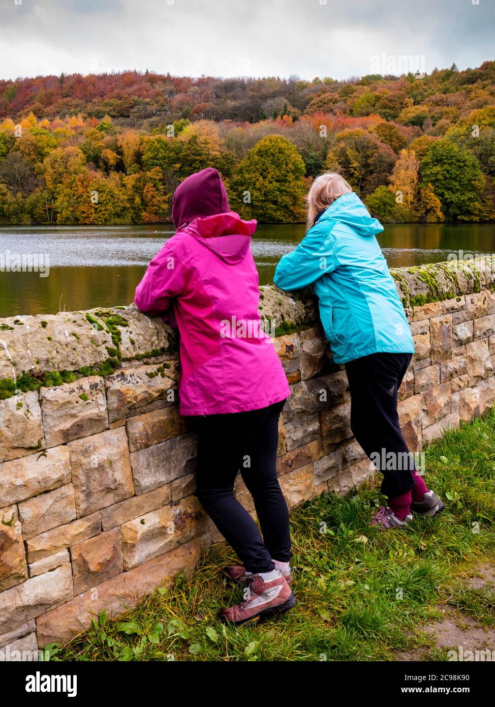 Woman and teenage girl looking over a wall admiring a view at Linacre ...