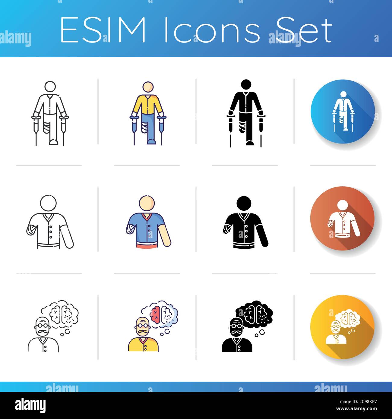Patient with impairment icons set. Leg amputee. Arm injury. Hand trauma ...