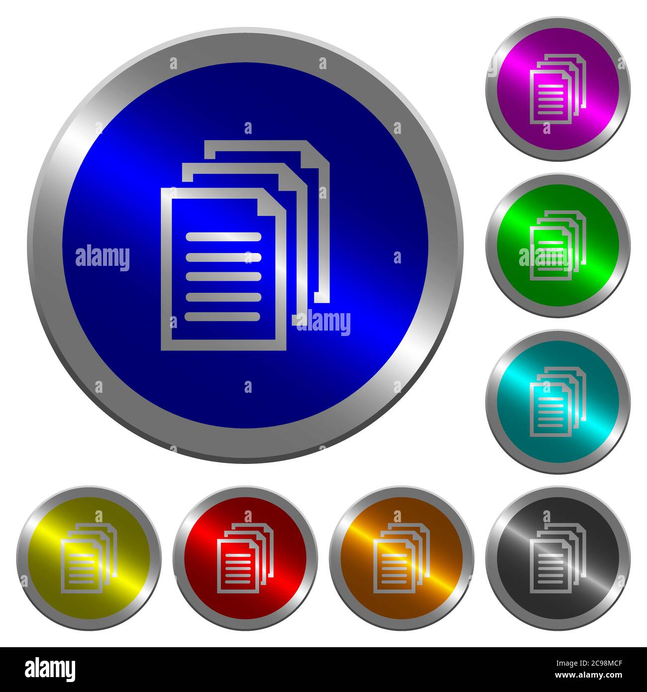 Multiple documents icons on round luminous coin-like color steel ...