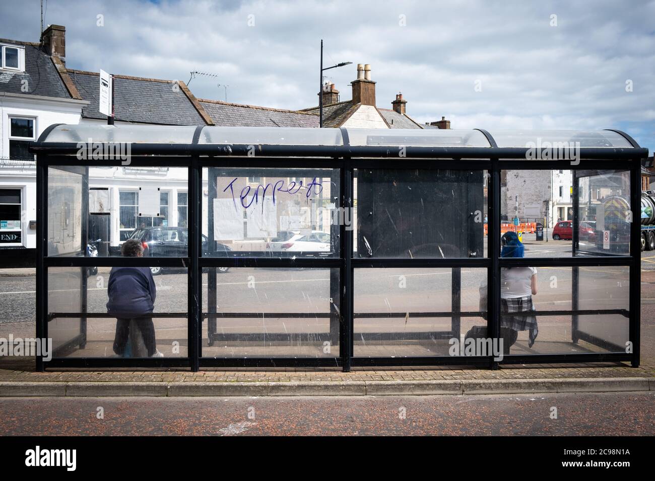 29th July 2020 in Dumfries, Scotland. Two women socially distance in a ...