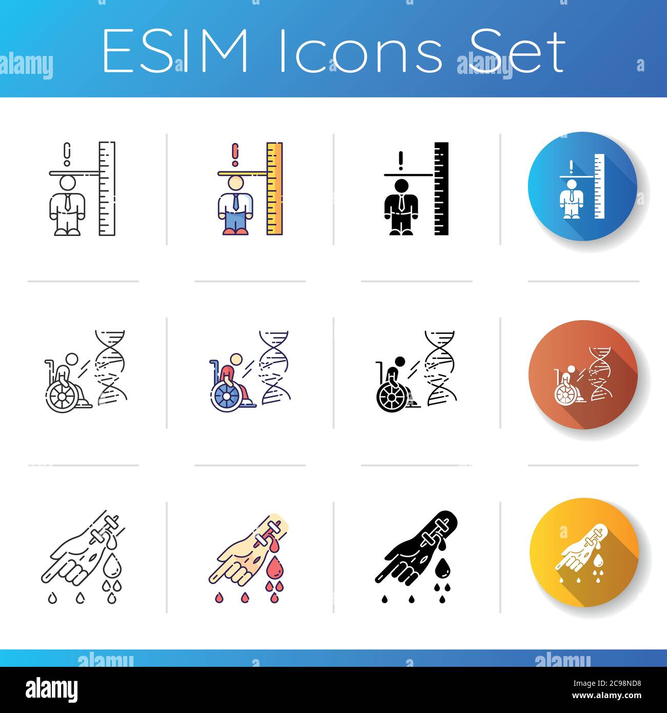 Genetic condition icons set. Adult with dawrfism. Inclusive workplace ...