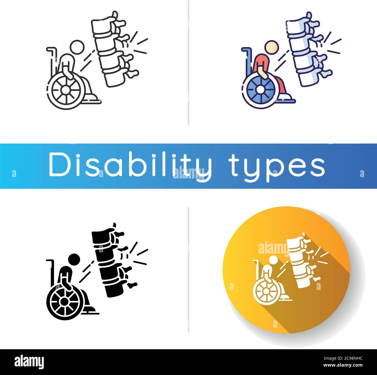 Spine injury icon. Fractured vertebrae. Handicapped patient in ...