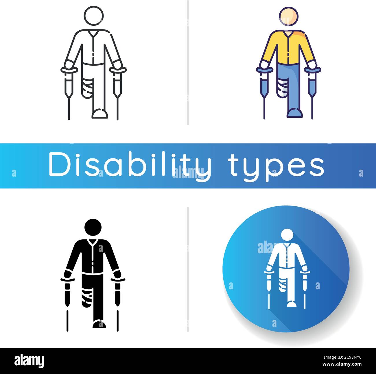Leg amputee icon. Disabled man with crutches. Rehabilitation for ...