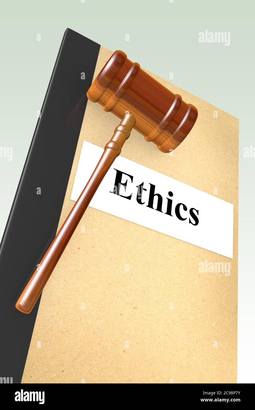 3D illustration of Ethics title on legal document, isolated over green ...
