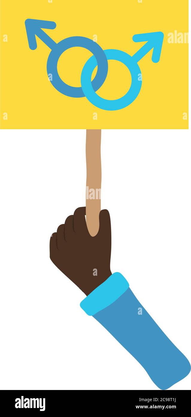 protest concept, hand holding a placard with male gender symbols icon ...