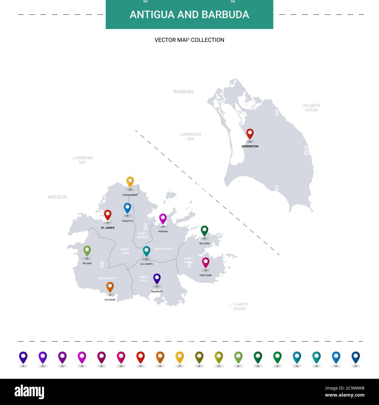 Antigua and Barbuda map with location pointer marks. Infographic vector template, isolated on ...
