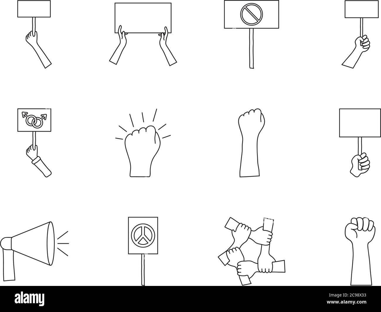 blank placards and protest concept icon set over white background, line ...