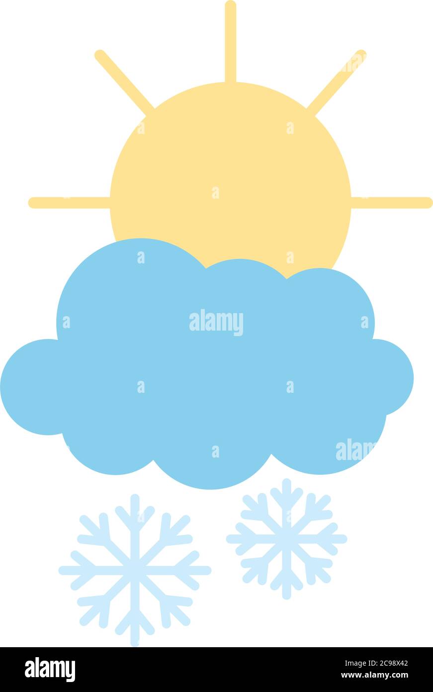 weather concept, sun and snowy cloud with snowflakes over white ...