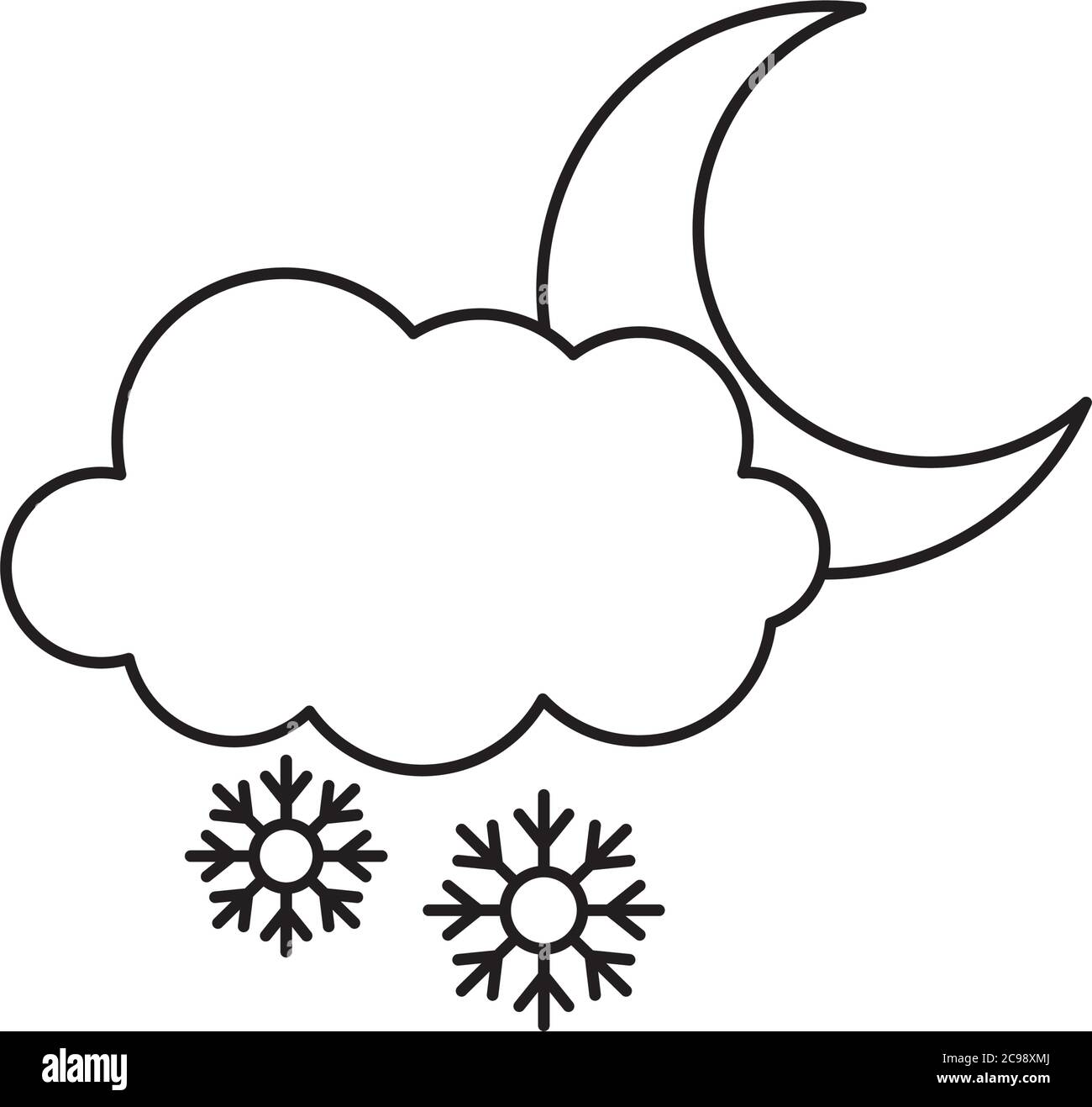 snowy cloud and moon icon over white background, line style, vector ...