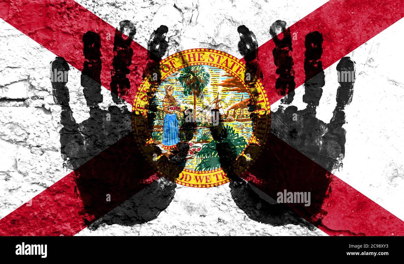 Handprints on the background of the flag of State of Florida. Freedom ...