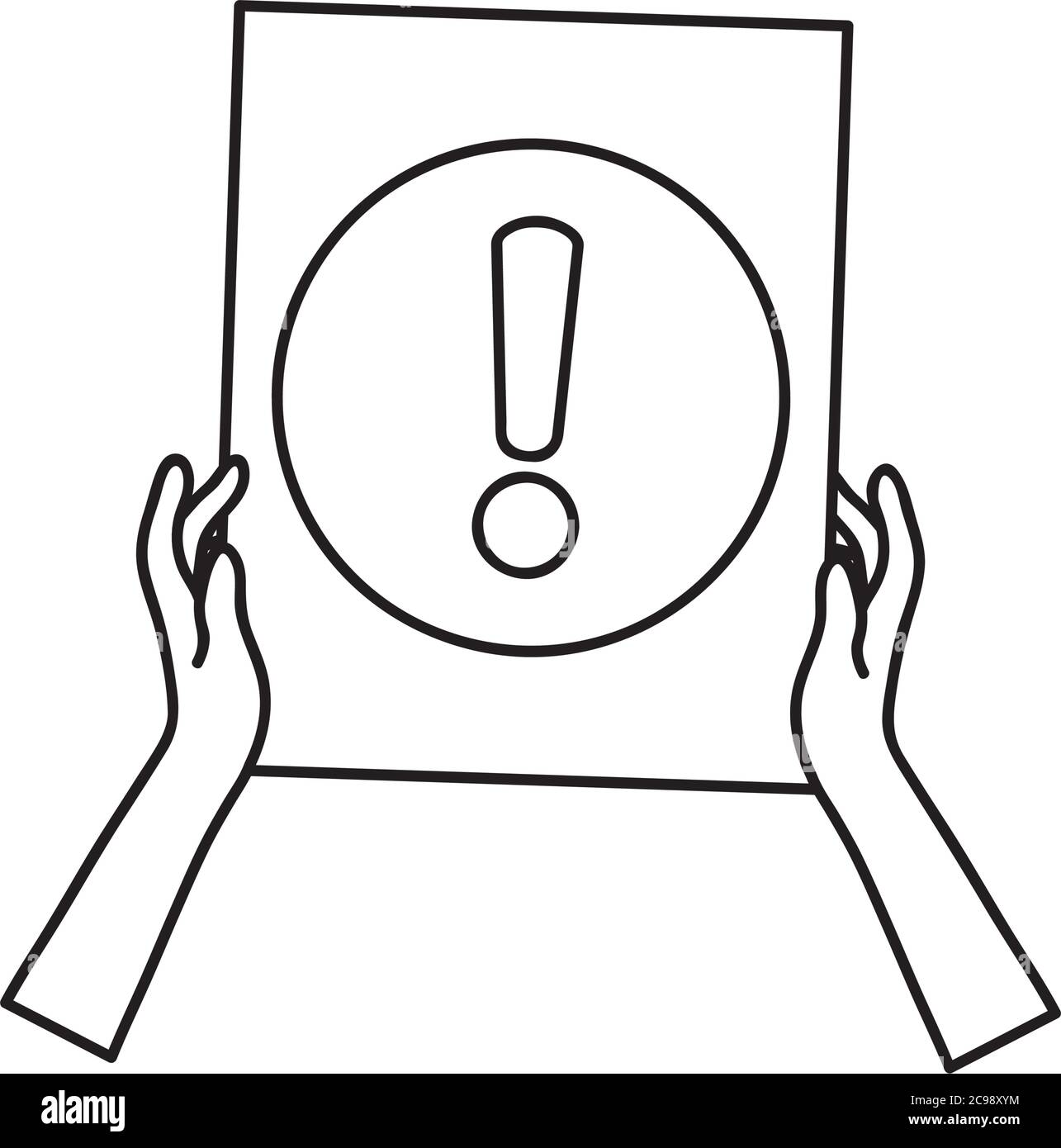 protest concept, hands holding a placard with exclamatin symbol icon ...