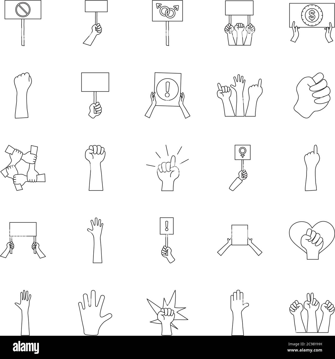 icon set of protesting hands over white background, line style, vector ...