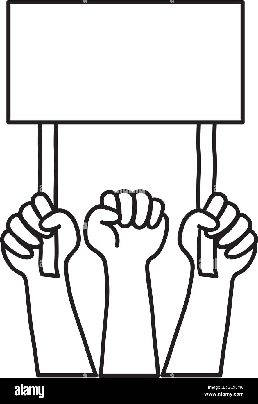 protesting hands with blank placard icon over white background, line ...