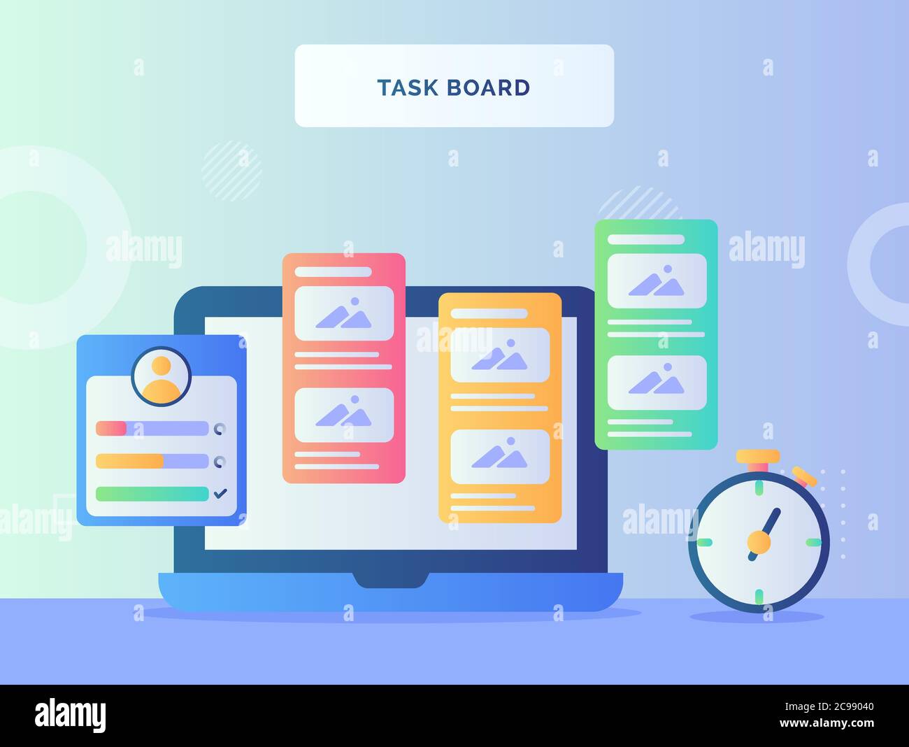 Task board digital on laptop screen nearby stopwatch with flat style ...