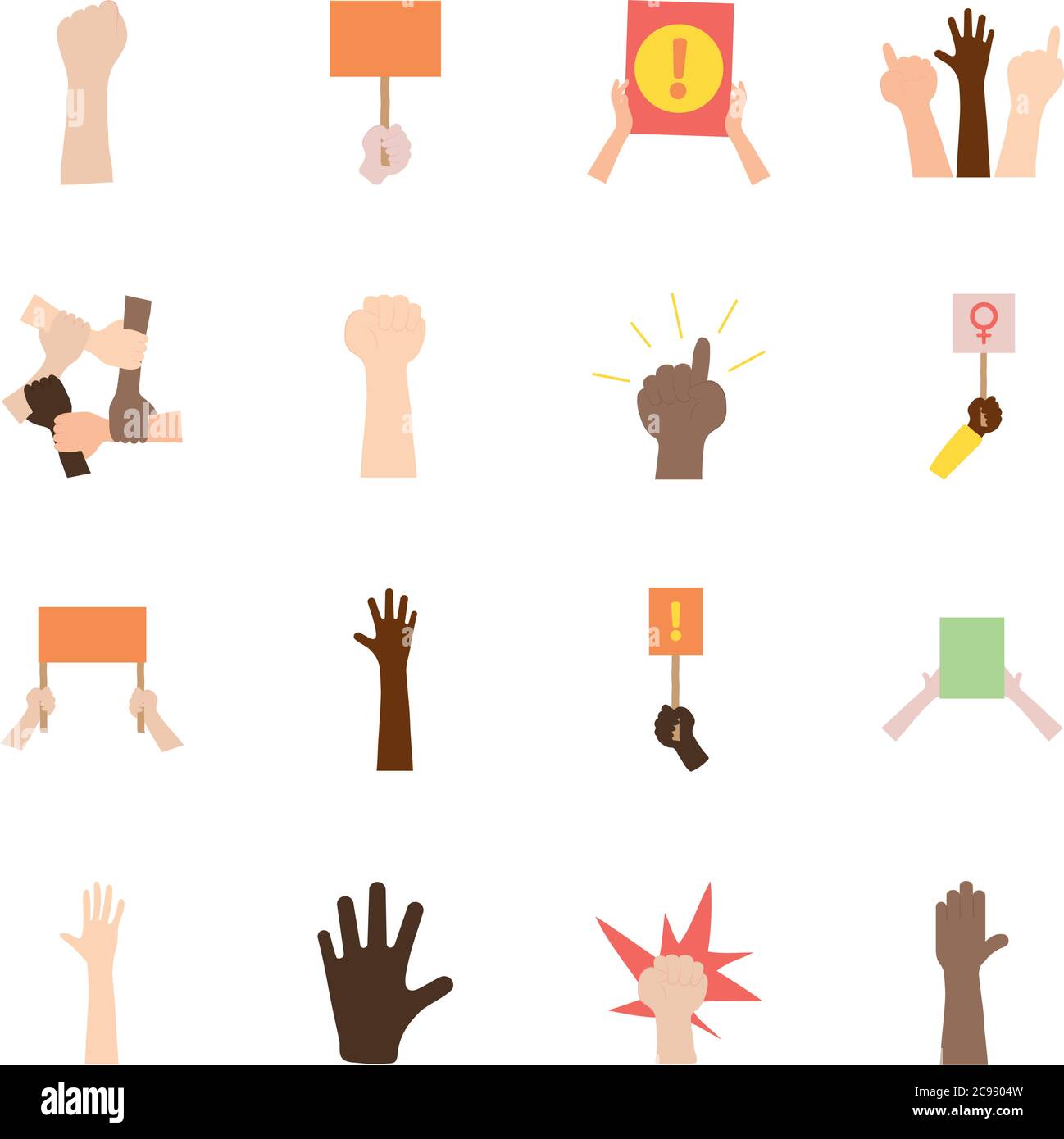 icon set of protesting and hands over white background, flat style ...