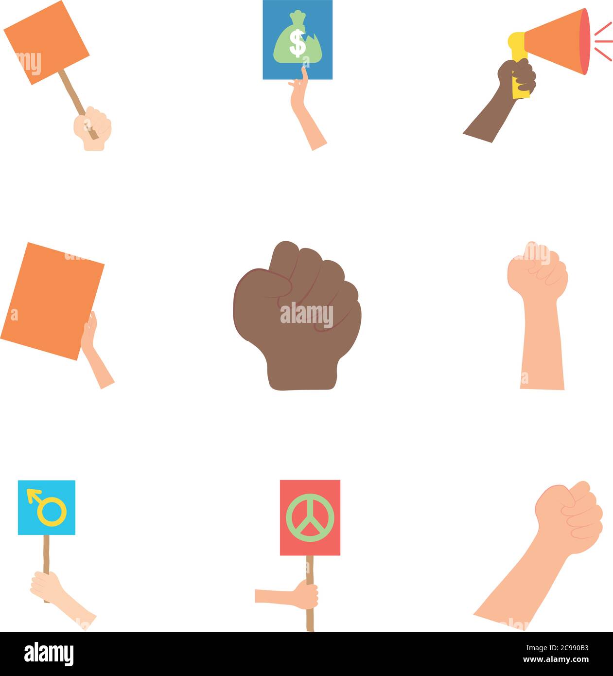 icon set of protesting hands over white background, flat style, vector ...