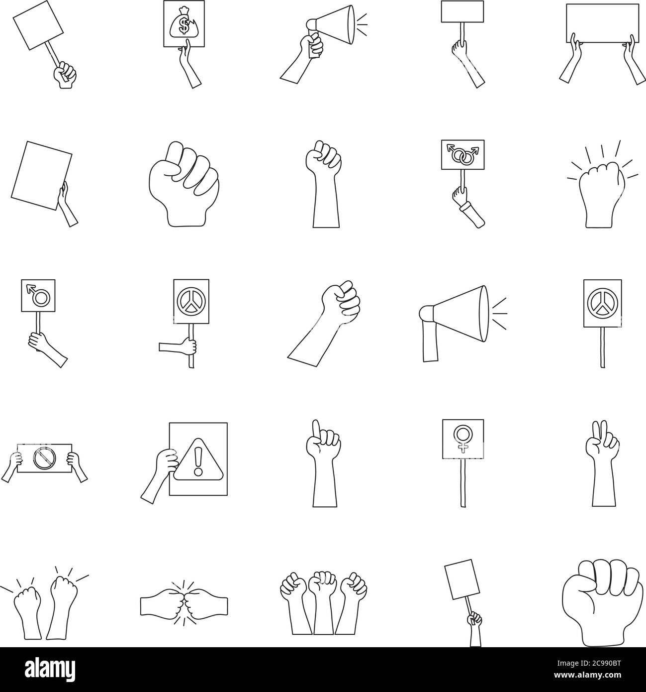 peace symbols and protesting icon set, over white background, line ...