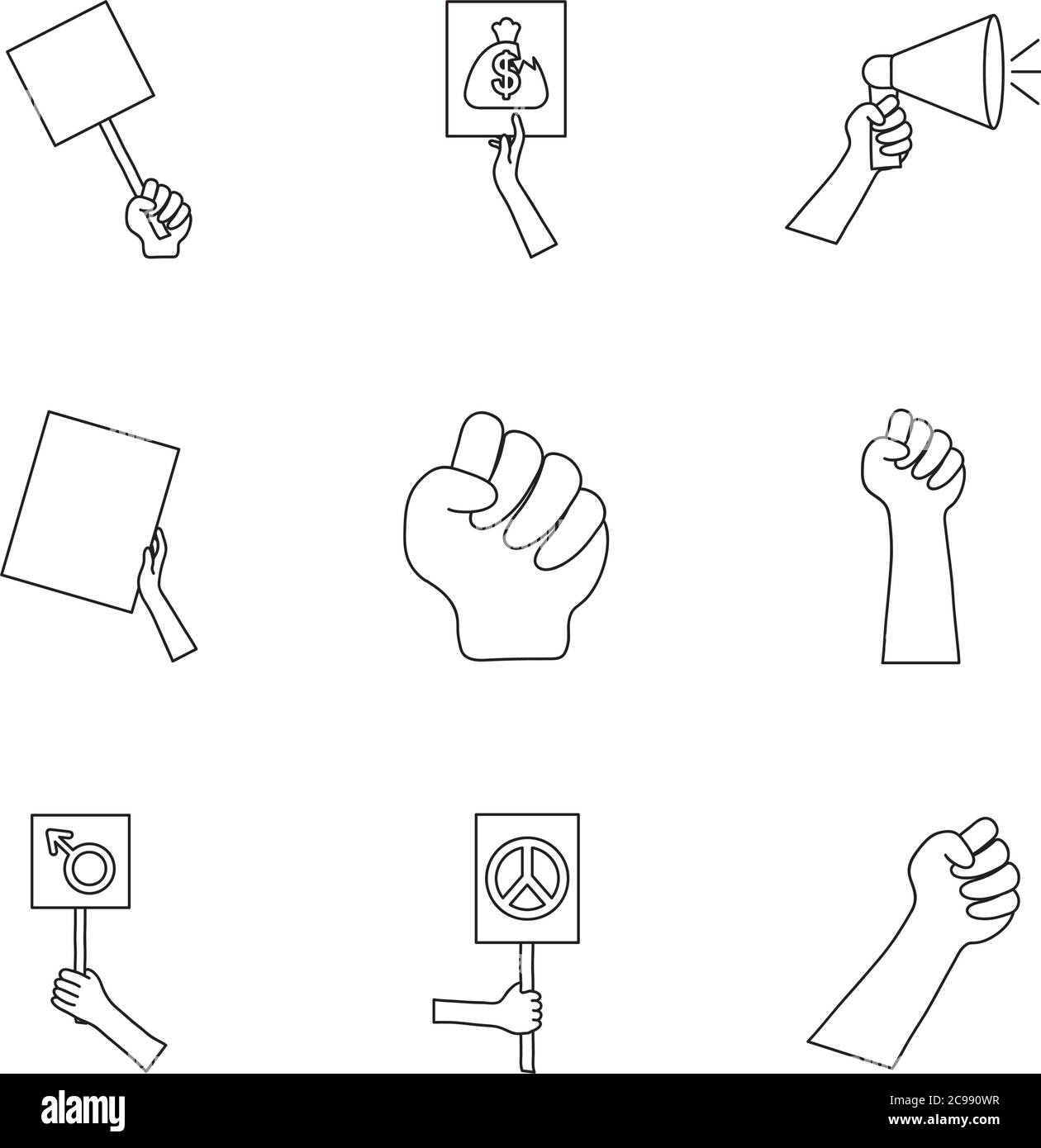 icon set of protesting hands over white background, line style, vector ...