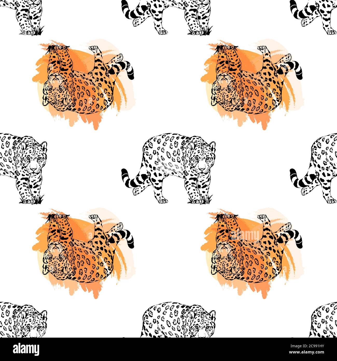 Seamless pattern of hand drawn sketch style leopards isolated on white ...