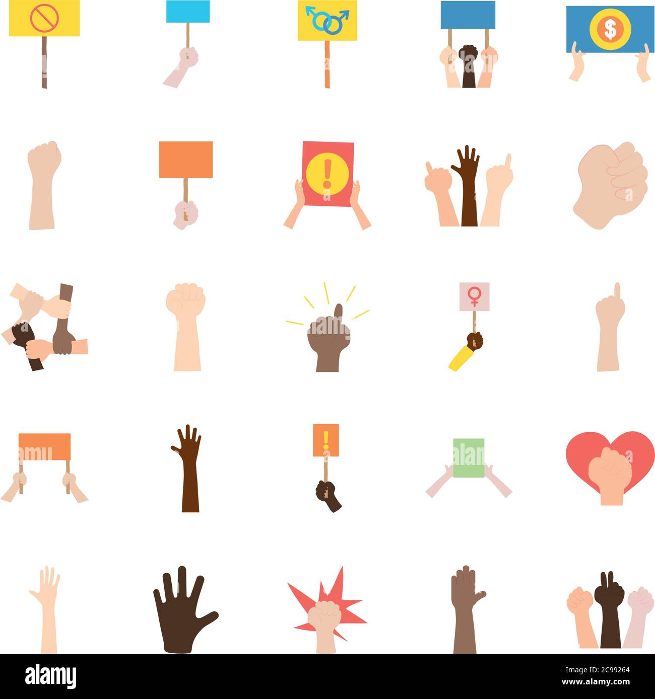 icon set of protesting hands over white background, flat style, vector ...