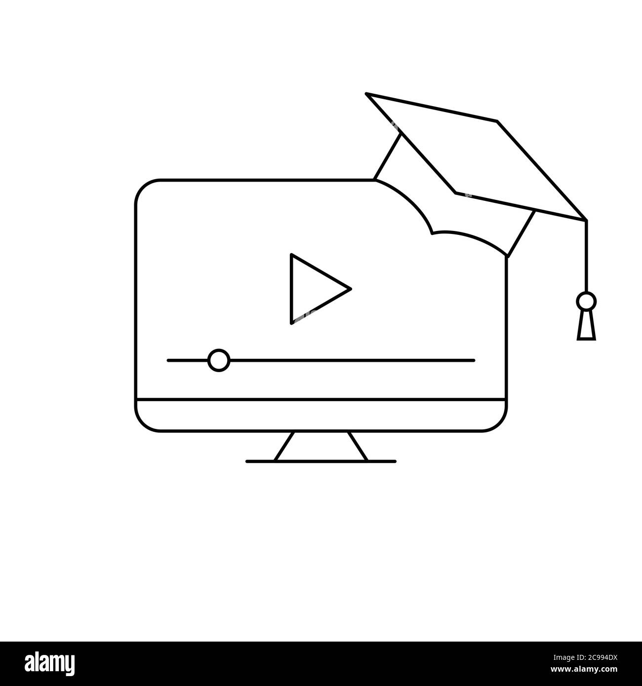 Computer screen playing video. PC with mortarboard. Online education ...