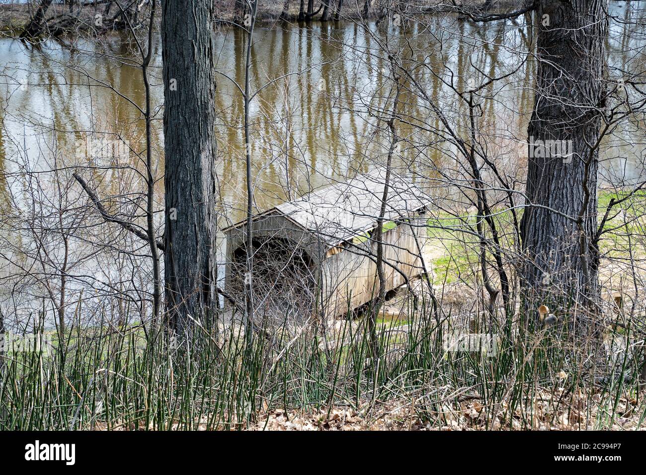 old Michigan wooden covered bridge in trees on river Stock Photo - Alamy