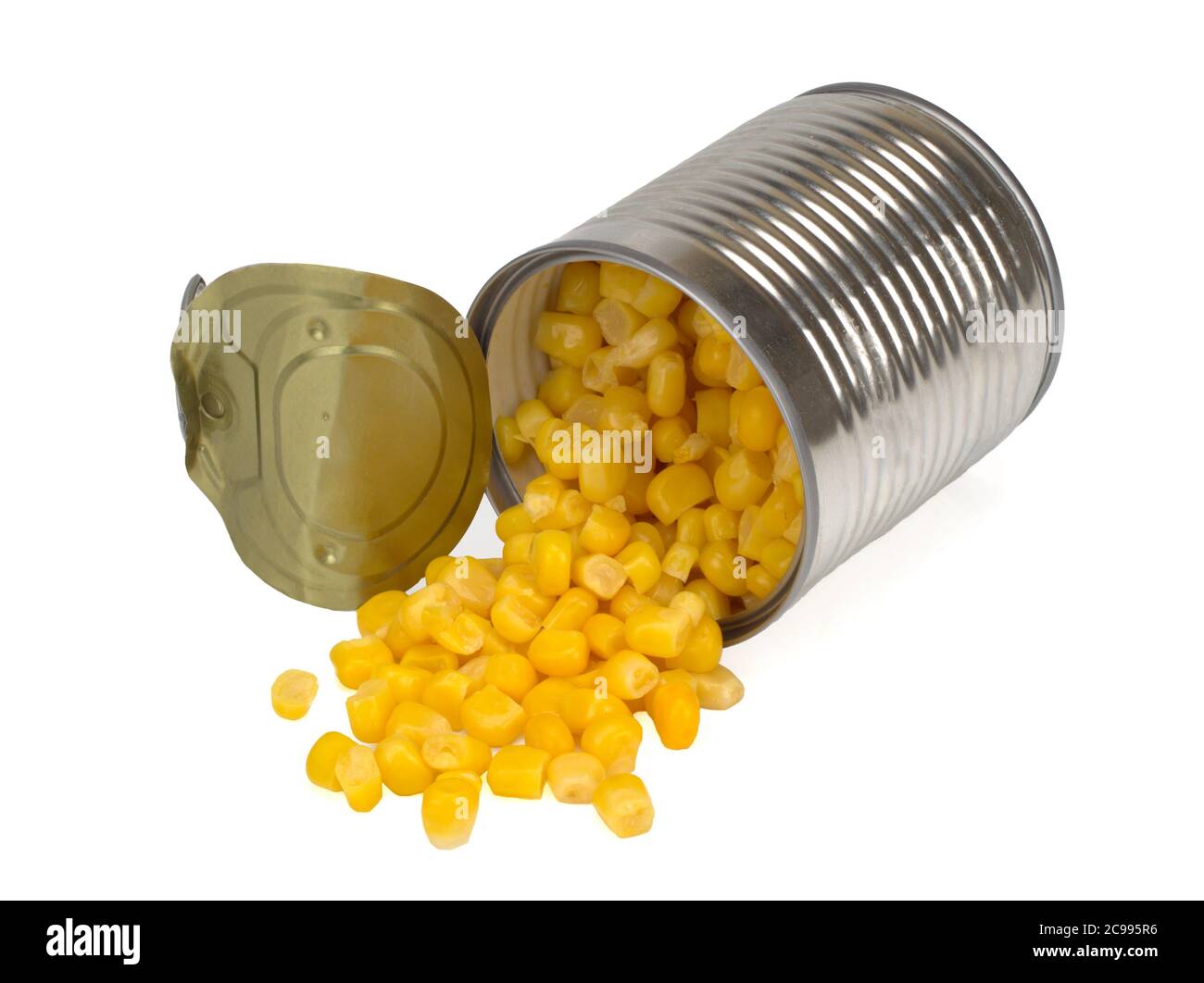 sweet corn sprinkled from a metal can isolated on white background, Top ...