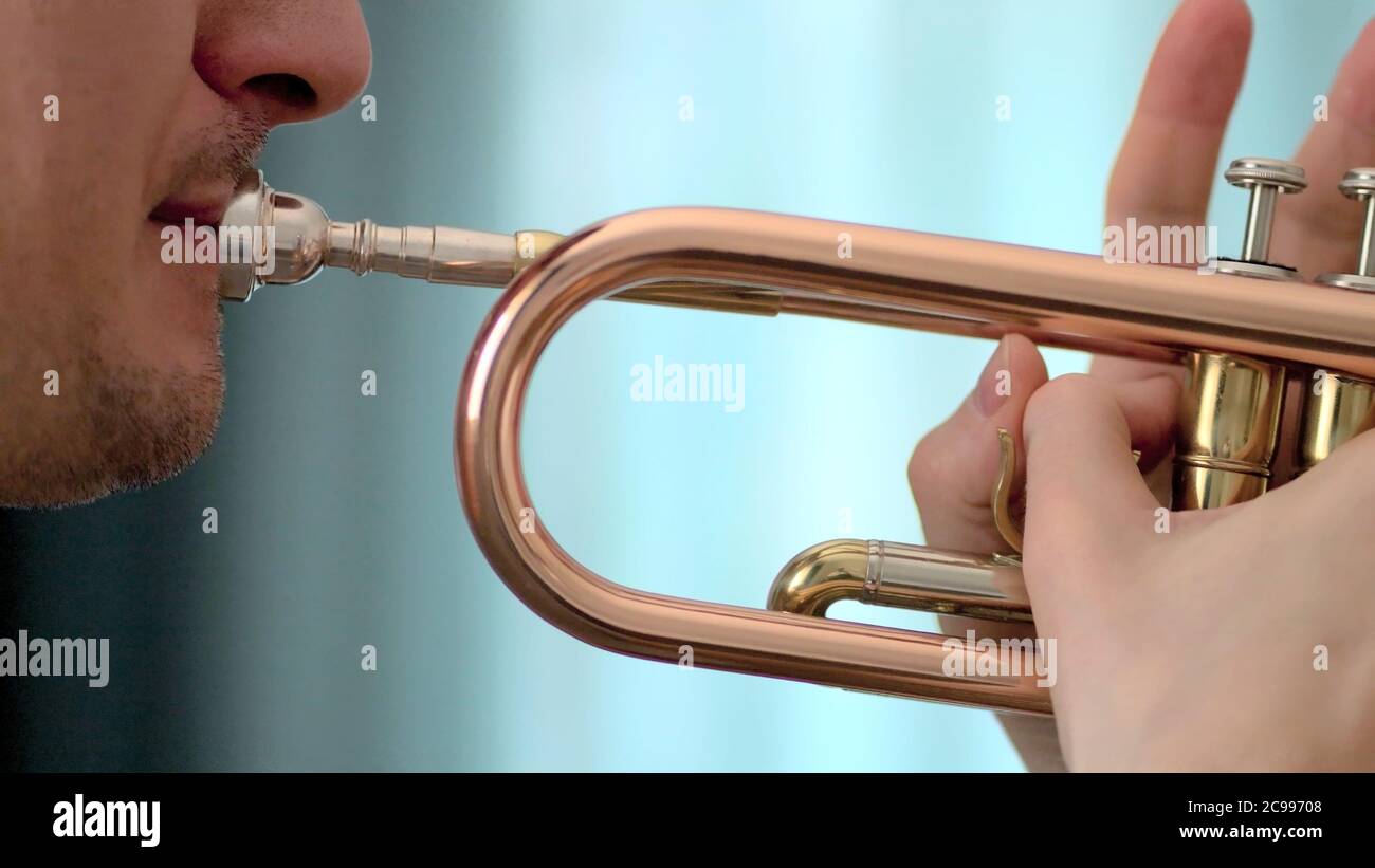 A young man plays the trumpet. Hands of musician. Close up view Stock ...