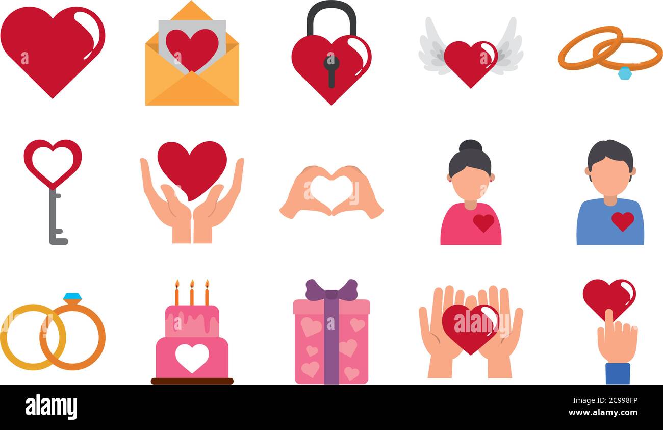 love heart romantic passion feeling message flat style icons set vector ...