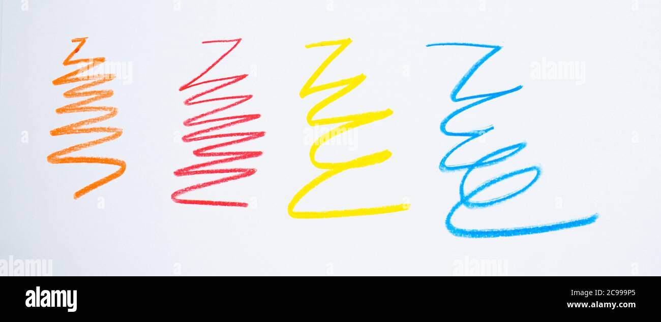 Three different colored pencil line drawn on an isolated clear white ...