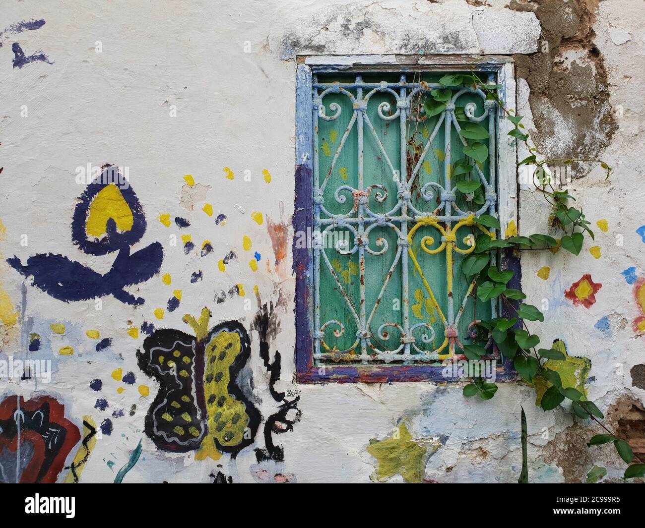Old green window on a colored wall in Asilah medina, Morocco Stock ...