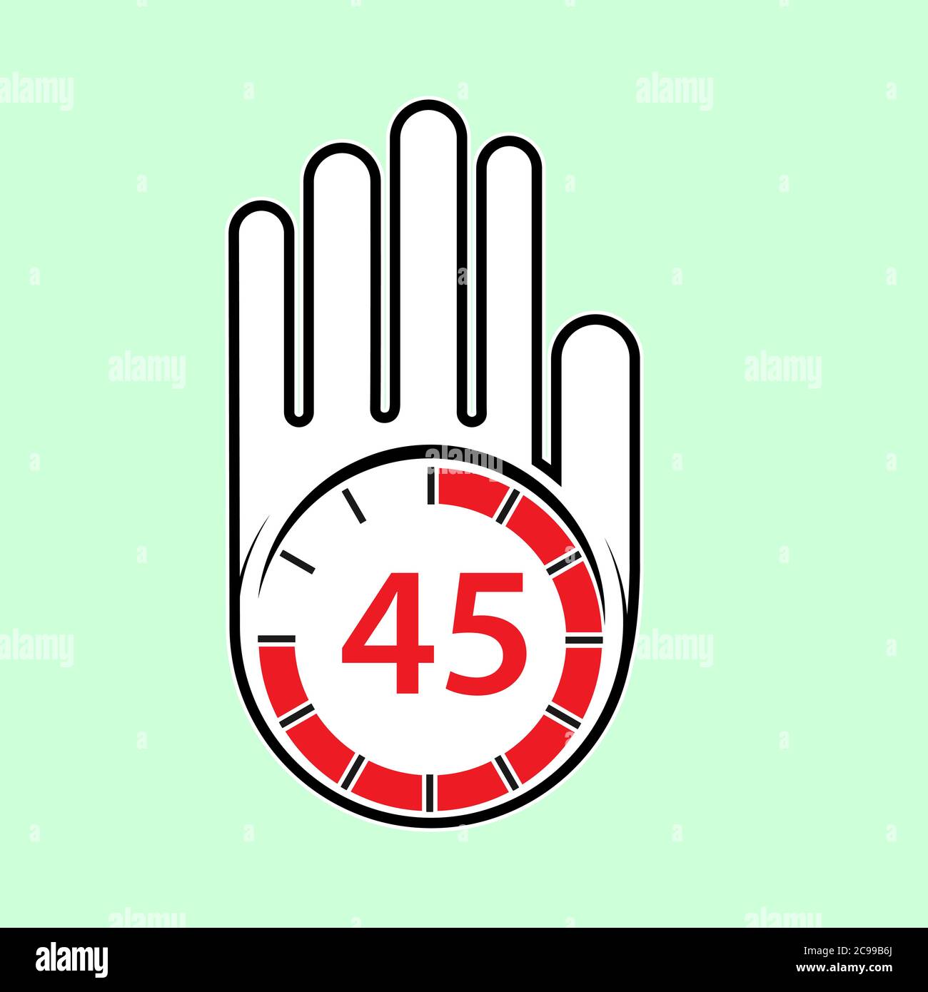 raised, open hand with a watch on it. Time for rest or break, pause. 45 ...