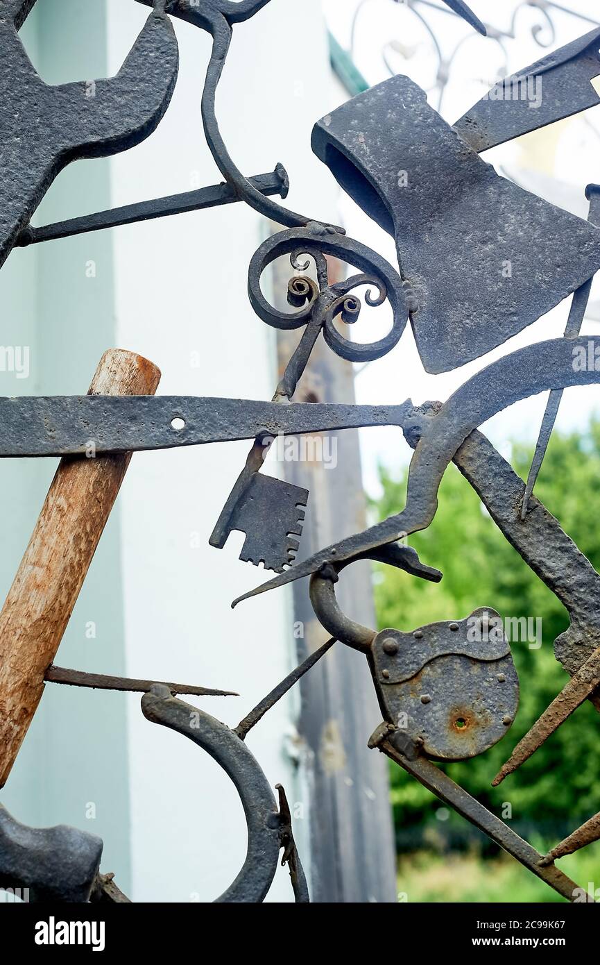 Forging, texture.Different objects in one product. Axe, key, lock ...