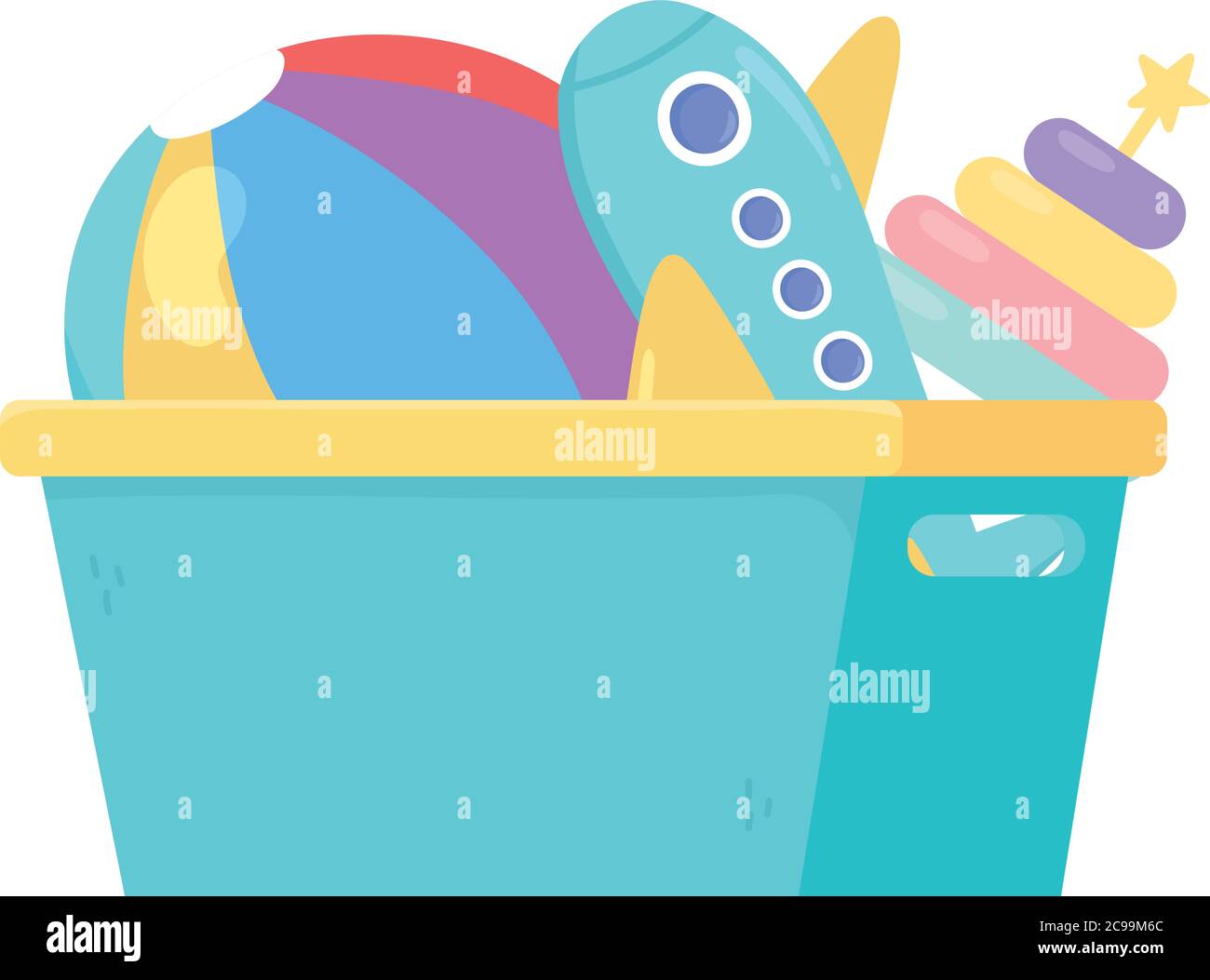 kids toys bucket with plane ball and pyramid isolated icon design white ...