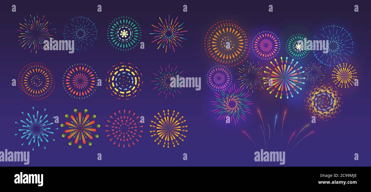 Set of festive fireworks. Vector colorful and monochrome celebration ...